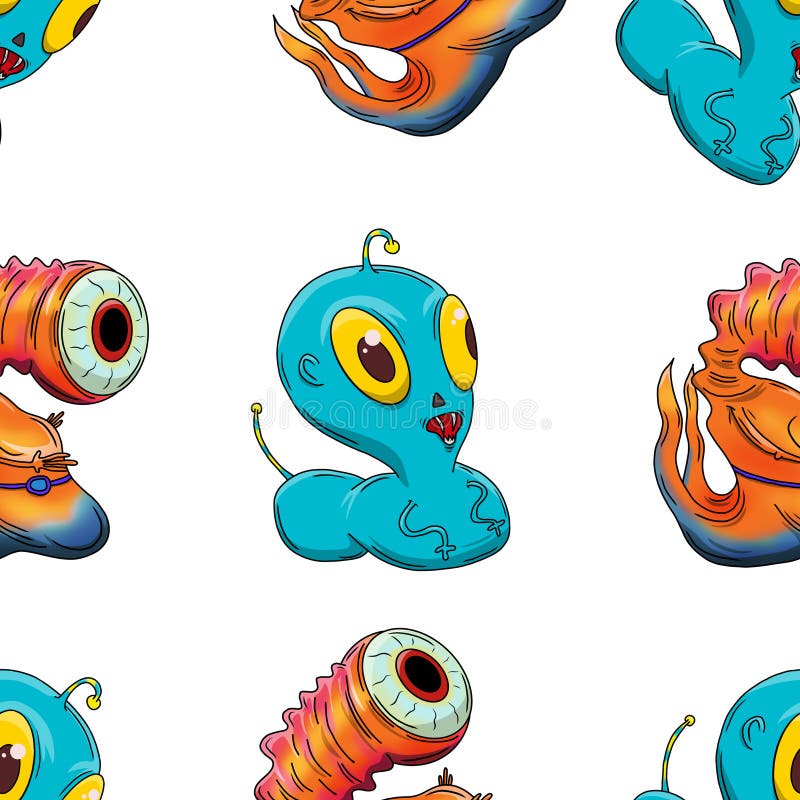 Wacky, Crazy Space Alien or Monster Cartoon. Seemless Pattern. Computer ...