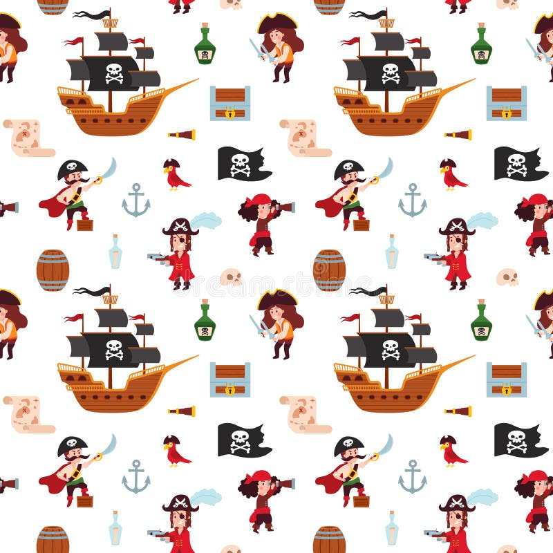 Seamless Pattern or Wallpaper with Cute Kids Pirates, Flat Vector ...