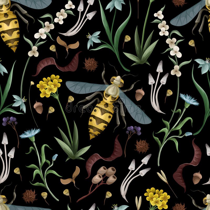 Seamless Pattern with Wasp and Florals. Vector Stock Vector ...