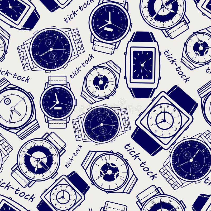 Seamless Pattern with Watches Stock Vector - Illustration of clock ...