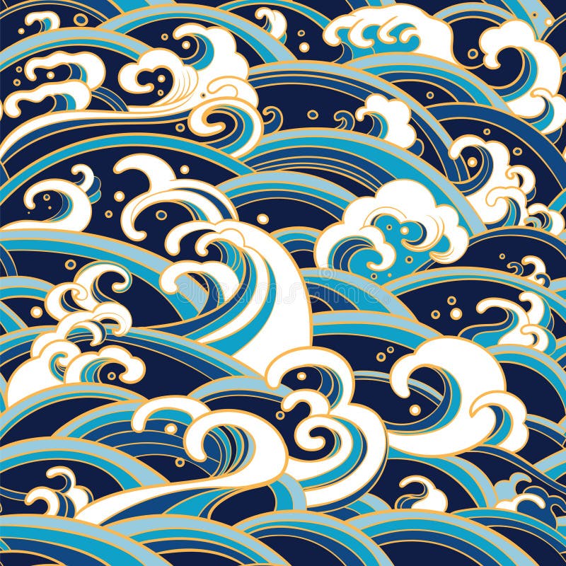 Seamless Pattern of Waves and Fish Stock Vector - Illustration of ...