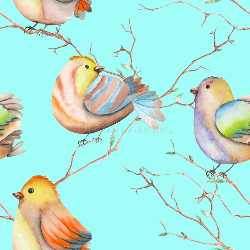 Seamless Pattern of the Watercolor Birds on the Branches, Hand Drawn on ...