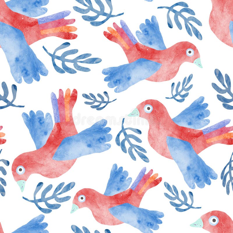 Seamless Pattern with Watercolor Birds and Branches Stock Illustration ...