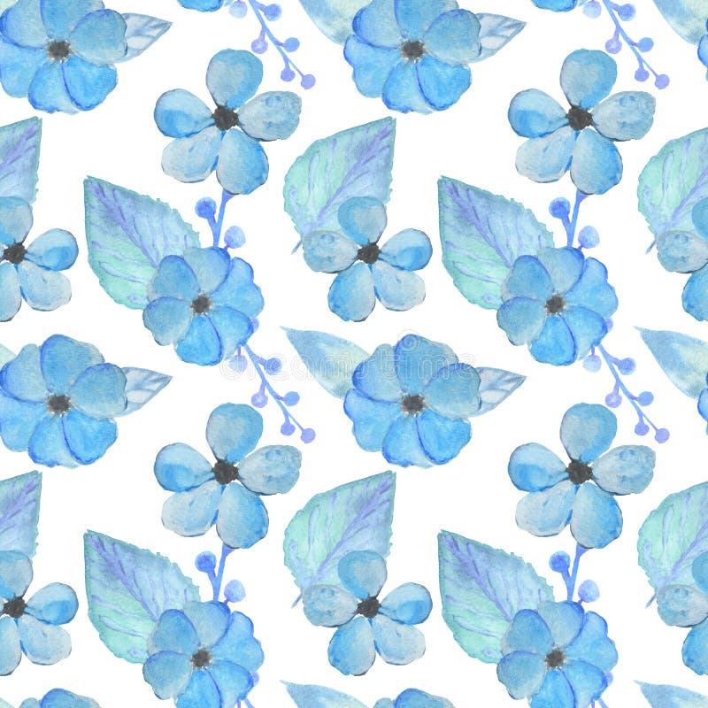 Seamless Pattern with Watercolor Blue Flowers, Leaves and Branches on ...