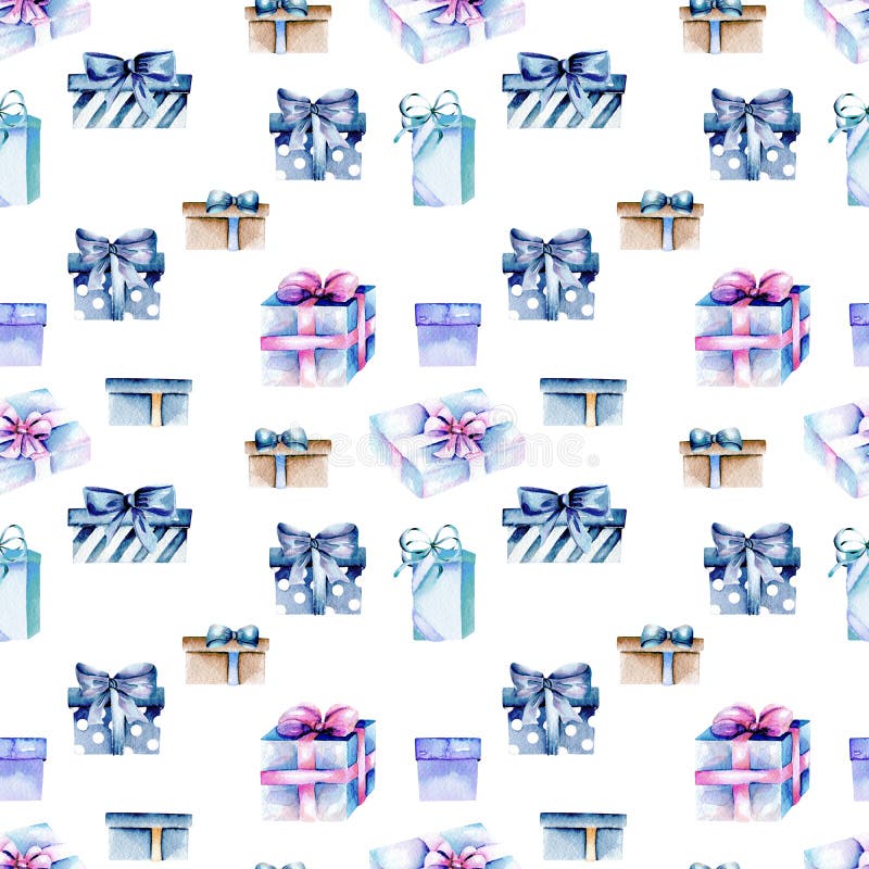 Seamless Pattern with Watercolor Blue Gift Boxes Stock Illustration ...