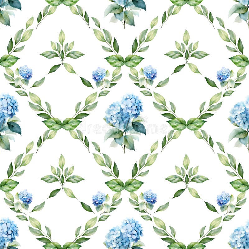 Seamless Pattern with Watercolor Blue Hydrangea and Leaves Stock ...