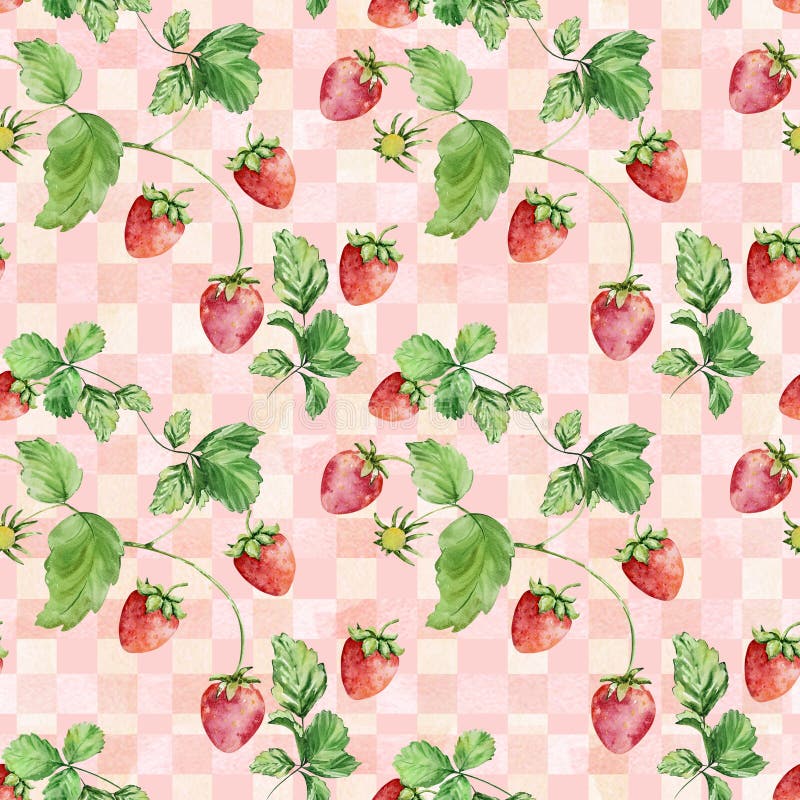 Seamless Pattern of Watercolor Branches with Strawberries on a Delicate ...