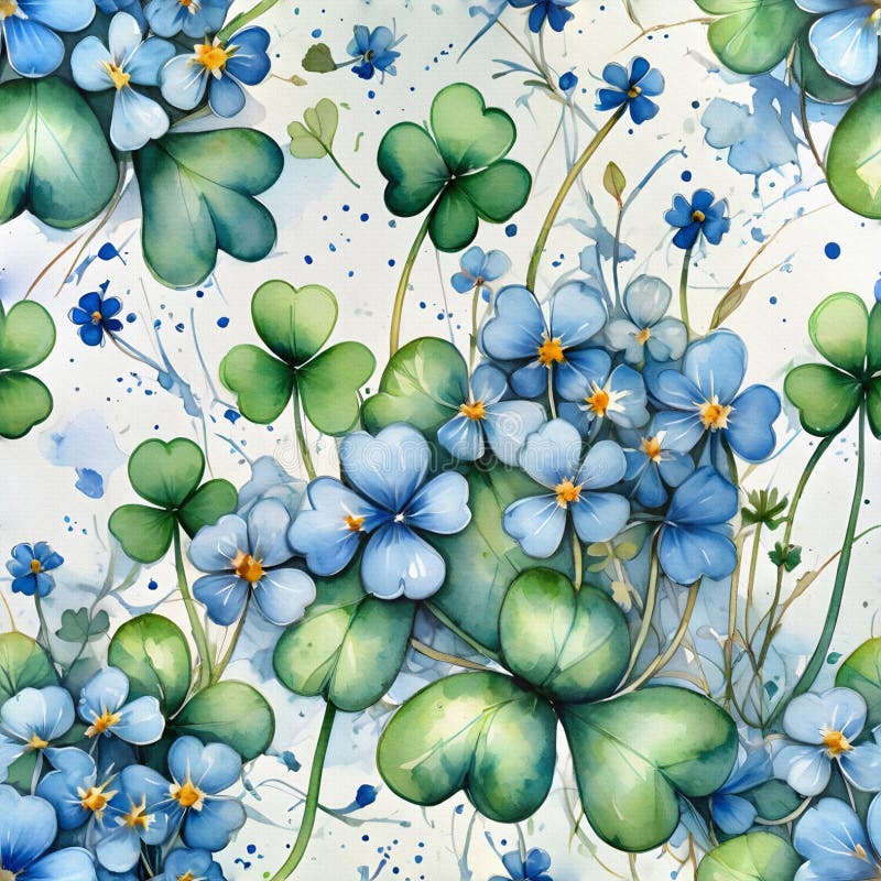 Seamless Pattern with Watercolor Clover and Blue Flowers. Hand Drawn ...