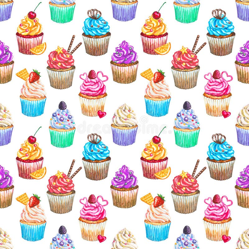 Seamless Pattern with Watercolor Cupcakes. Stock Illustration ...