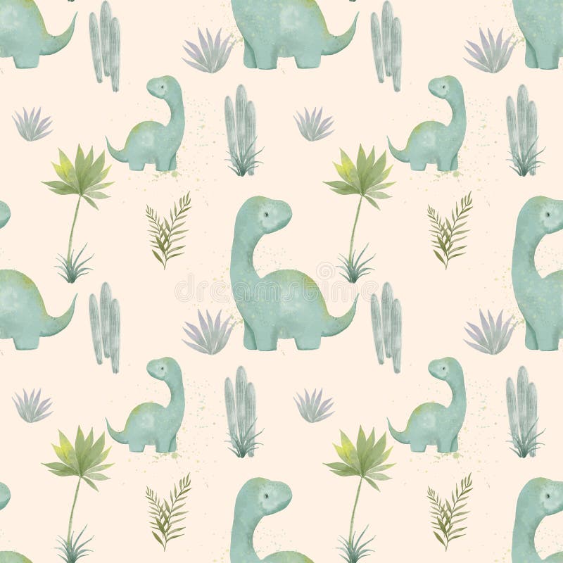 Seamless Pattern with Watercolor Cute Dinosaurs in the Jungle Stock Illustration - Illustration ...