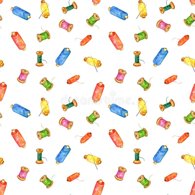 Seamless Pattern with Watercolor Drawing Spools of Thread Stock ...