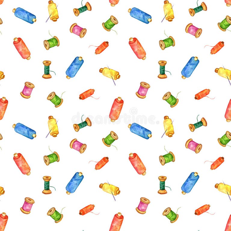 Seamless Pattern with Watercolor Drawing Spools of Thread Stock ...