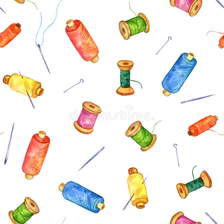 Seamless Pattern with Watercolor Drawing Spools of Thread Stock ...