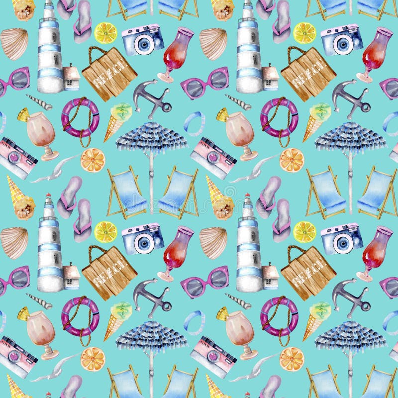 Seamless Pattern with Watercolor Elements on Summer and Beach Theme ...
