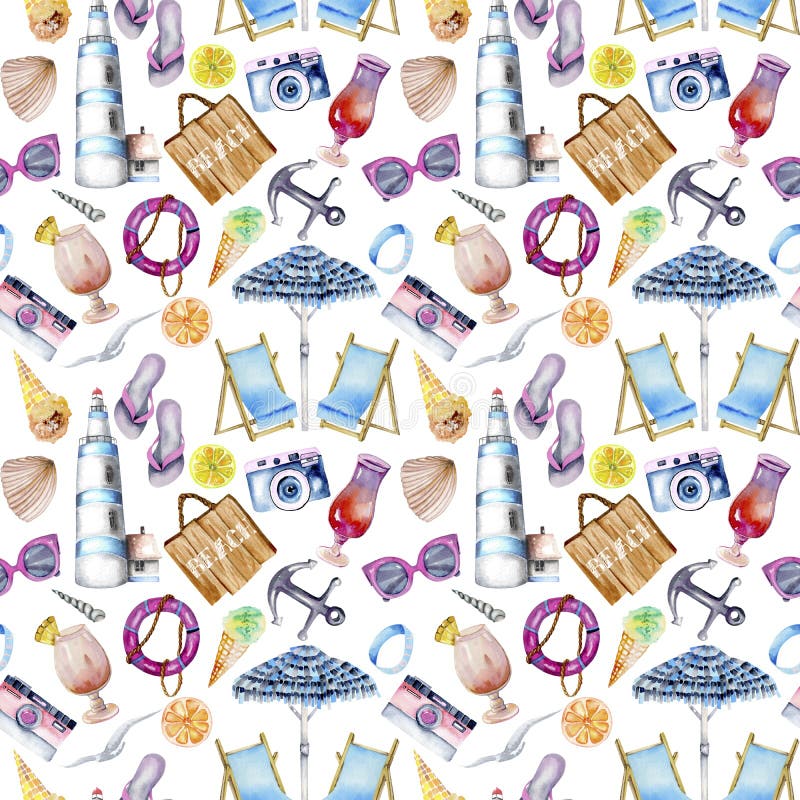 Seamless Pattern with Watercolor Elements on Summer and Beach Theme ...