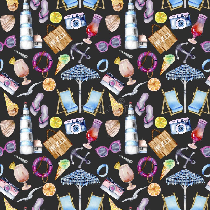 Seamless Pattern with Watercolor Elements on Summer and Beach Theme ...