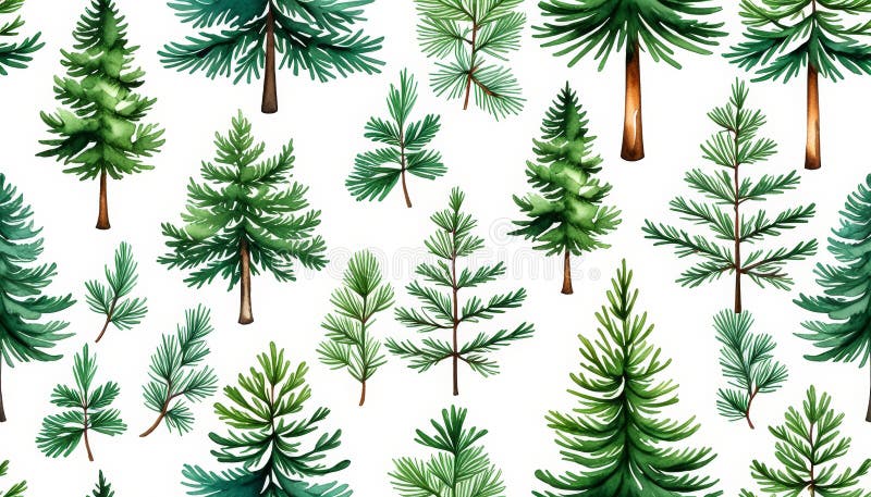 Seamless Pattern of Watercolor Evergreen Trees on White Background ...