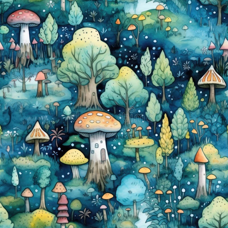 Seamless Pattern of Watercolor Fantasy Trees and Mushrooms. Stock ...