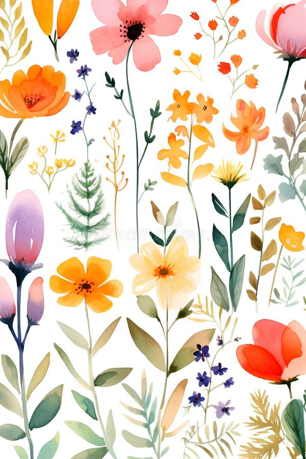 Seamless Pattern with Watercolor Flowers. Hand-drawn Illustration Stock ...