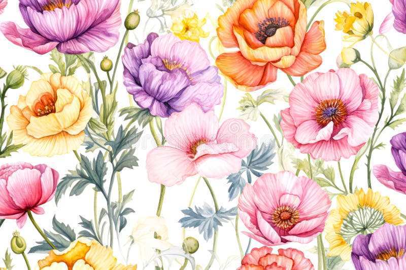 Seamless Pattern with Watercolor Flowers. Hand-drawn Illustration ...