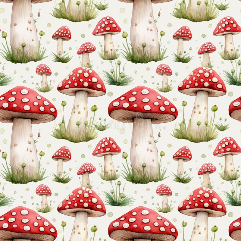 Seamless Pattern With Watercolor Fly Agaric Mushrooms Amanita Muscaria