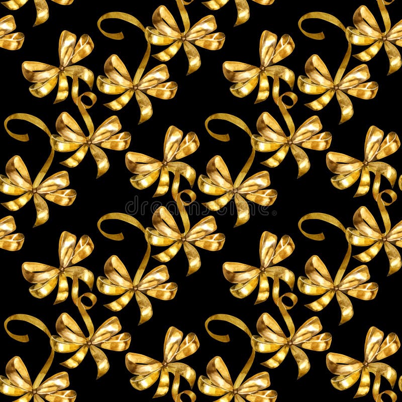 Seamless Pattern with Watercolor Gold Bows on a Black Background Stock ...