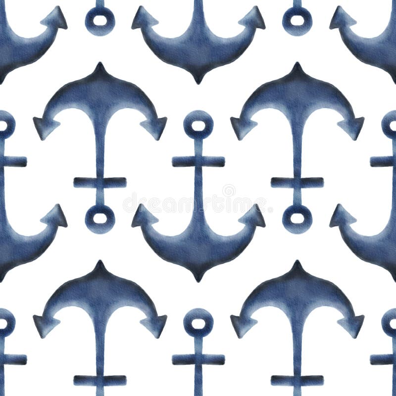 Seamless Pattern with Watercolor Hand Drawn Anchors Stock Illustration ...
