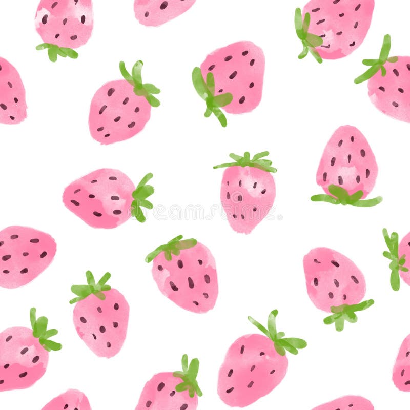 Seamless Pattern with Watercolor Hand Drawn Cute Strawberries on White ...