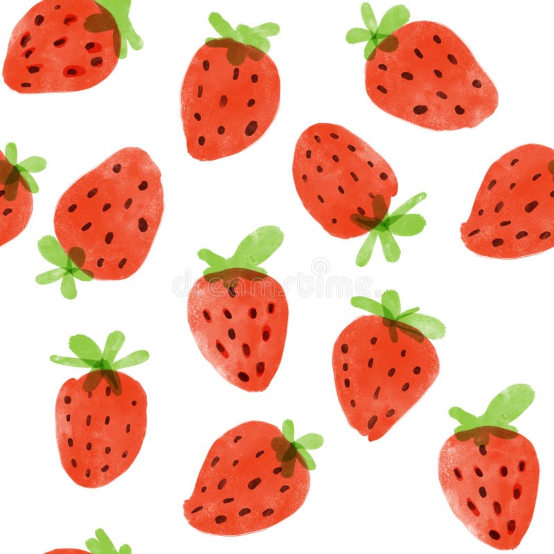 Seamless Pattern with Watercolor Hand Drawn Cute Strawberries on White ...