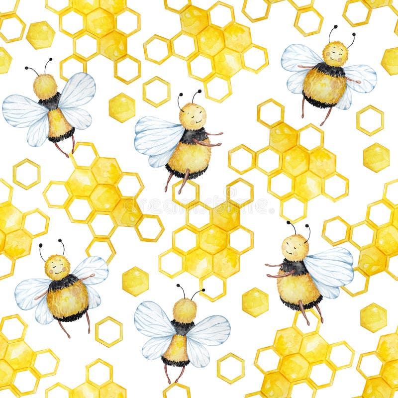 Seamless Pattern of Watercolor Honey Bees and Honeycombs Stock ...