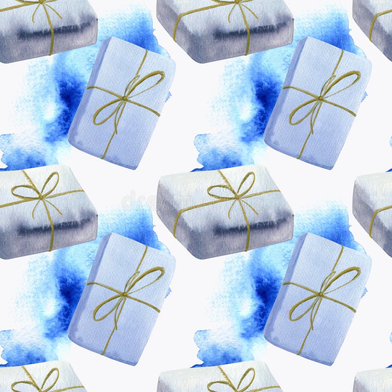 Pattern with Watercolor Illustration Gift Boxes Light Blue Color Stock ...