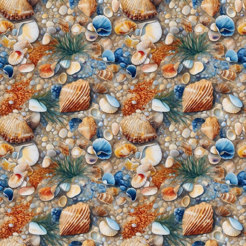 Seamless Pattern: Watercolor Illustration of Seashells and Pebbles on the Sand. Generative Ai ...