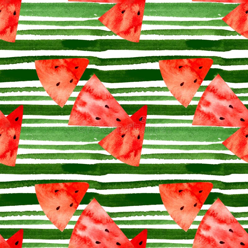 Seamless Pattern with Watercolor Illustration Watermelon Slices on ...