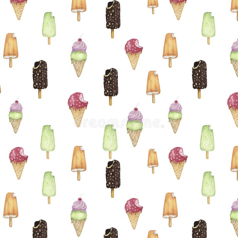 Seamless Pattern of Watercolor Illustrations of Colorful Ice Cream ...