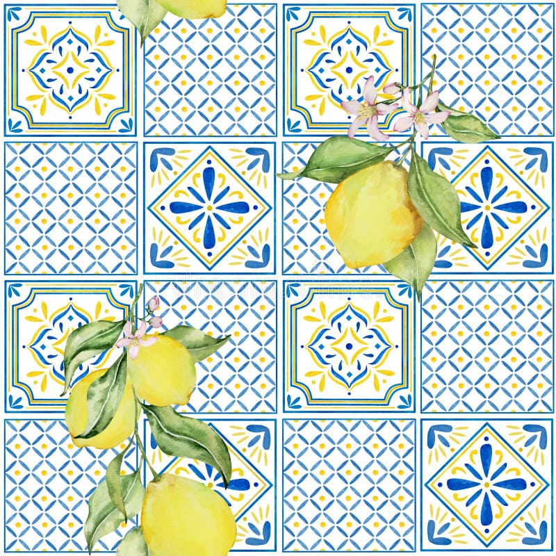 Seamless Pattern of Watercolor Lemons, Leaves and Blue Tiles Stock ...