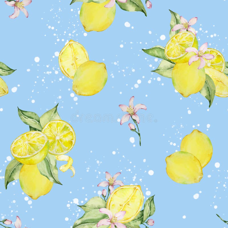 Seamless Pattern of Watercolor Lemons, Leaves and Flowers on a Blue ...