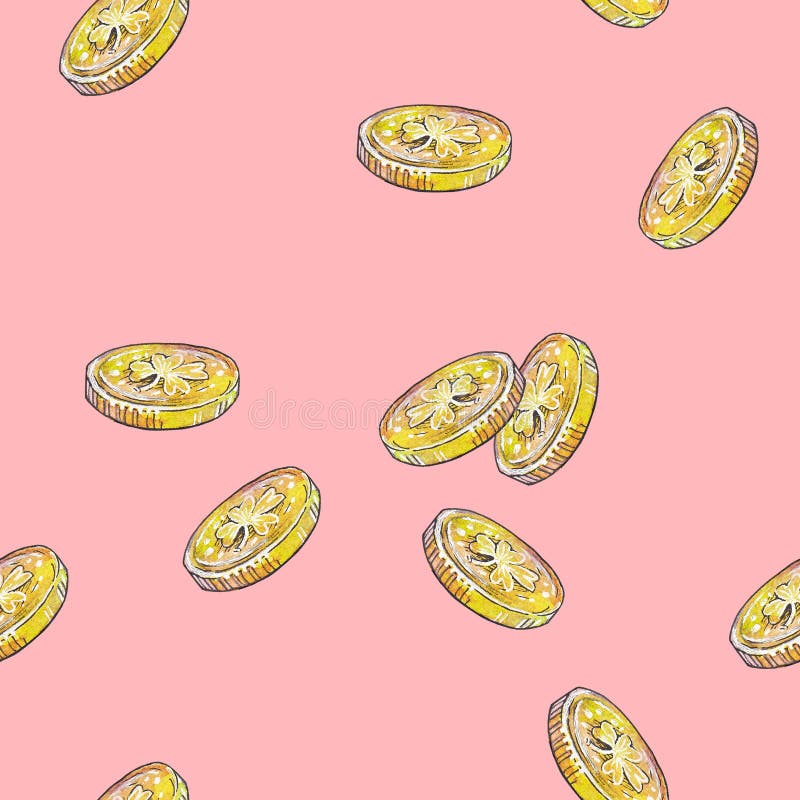Seamless Pattern with Watercolor Leprecount Coins on a Pink Background ...