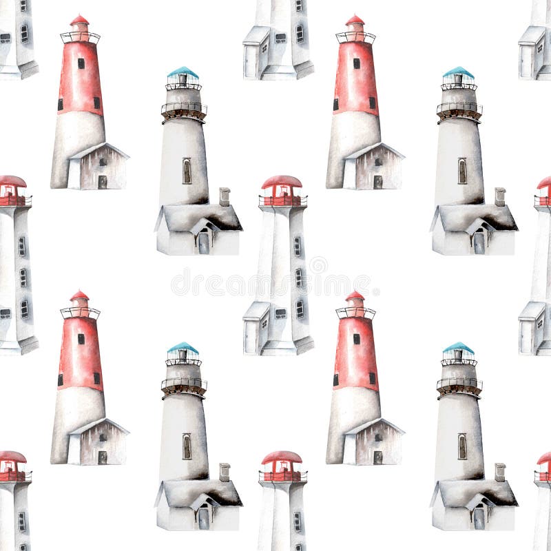 Seamless Pattern with Watercolor Lighthouses Stock Illustration ...