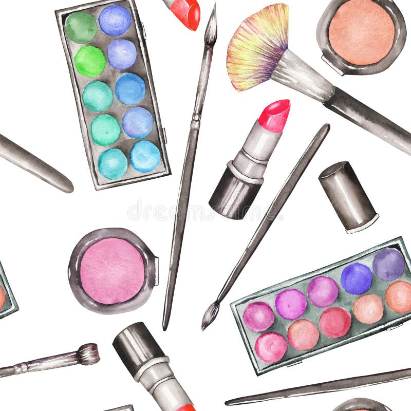 A Seamless Pattern with the Watercolor Makeup Tools: Blusher, Eyeshadow ...