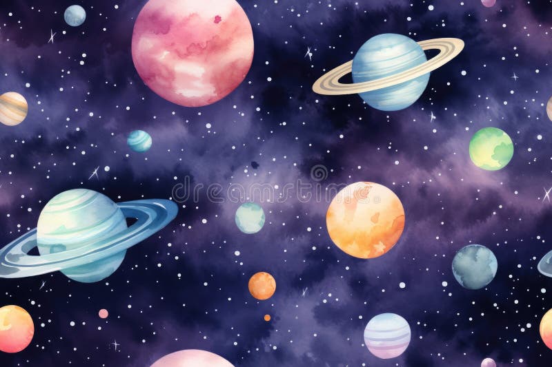 Seamless Pattern of Watercolor Outer Cosmos Space with Different Planet ...