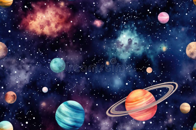 Seamless Pattern of Watercolor Outer Cosmos Space with Different Planet ...