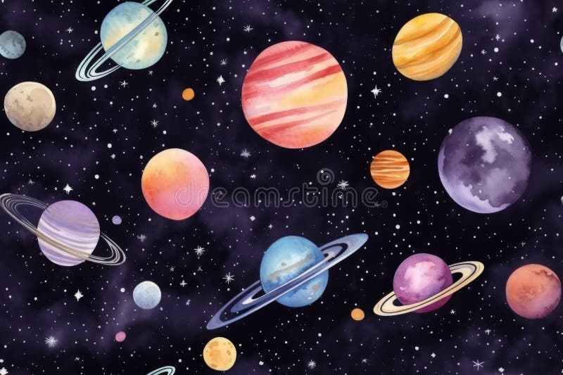 Seamless Pattern of Watercolor Outer Cosmos Space with Different Planet ...