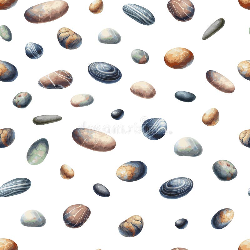 Seamless Pattern with Watercolor Painted Vector Pebbles on White ...