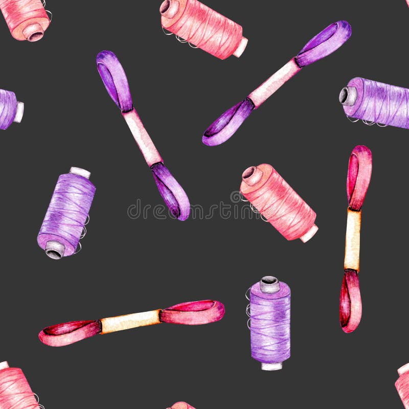 Seamless Pattern with Watercolor Pink and Purple Spools of Thread and ...