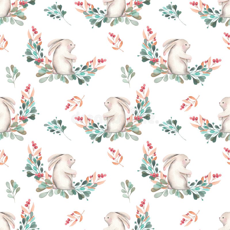 Seamless Pattern Watercolor Rabbits Green Branches Stock Photos - Free ...