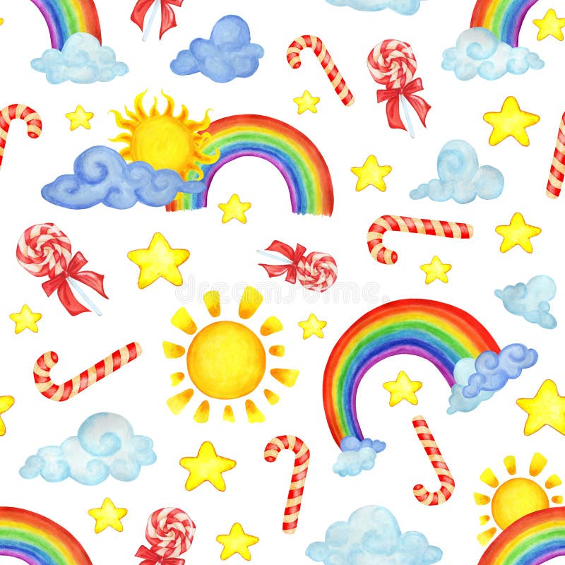 Seamless Pattern with Watercolor Rainbow Clouds, Suns, Candy and Stars ...