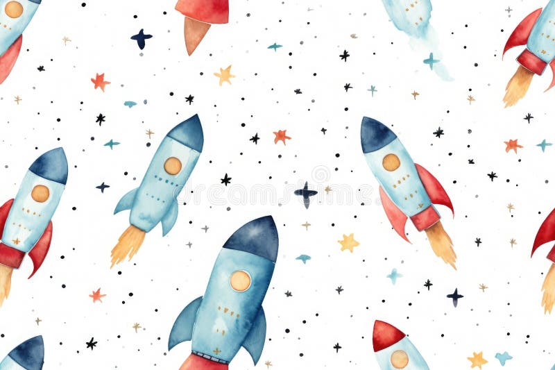 Seamless Pattern of Watercolor Rockets in Outer Space on a White ...