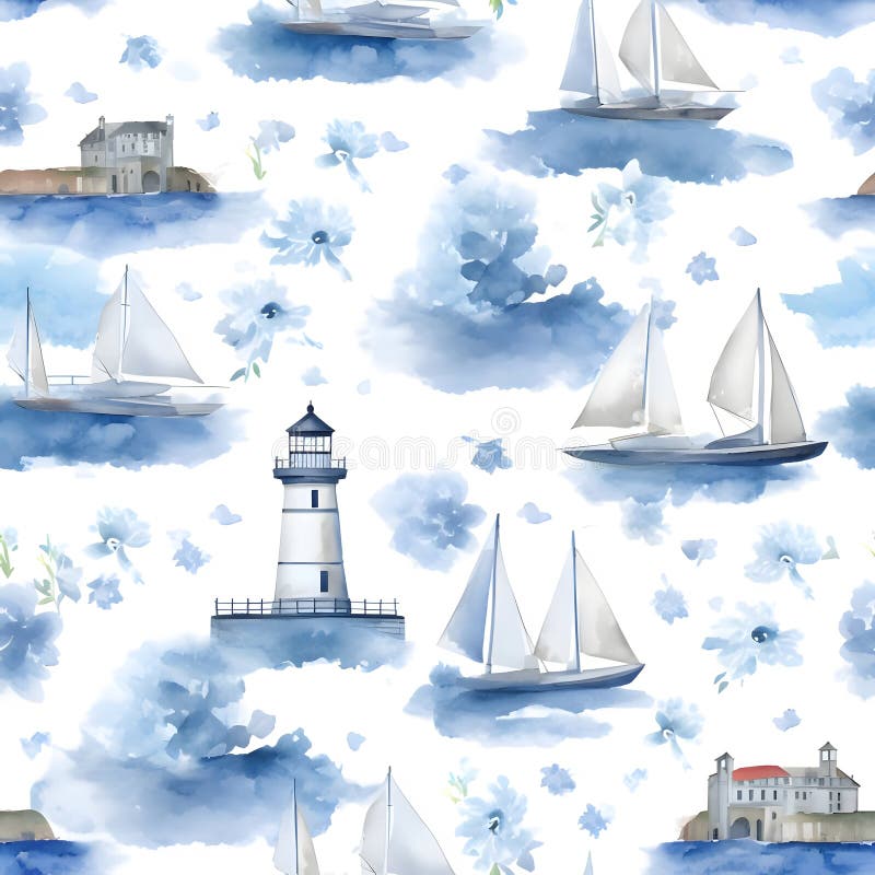 Seamless Pattern with Watercolor Ships and Lighthouses Stock Vector ...