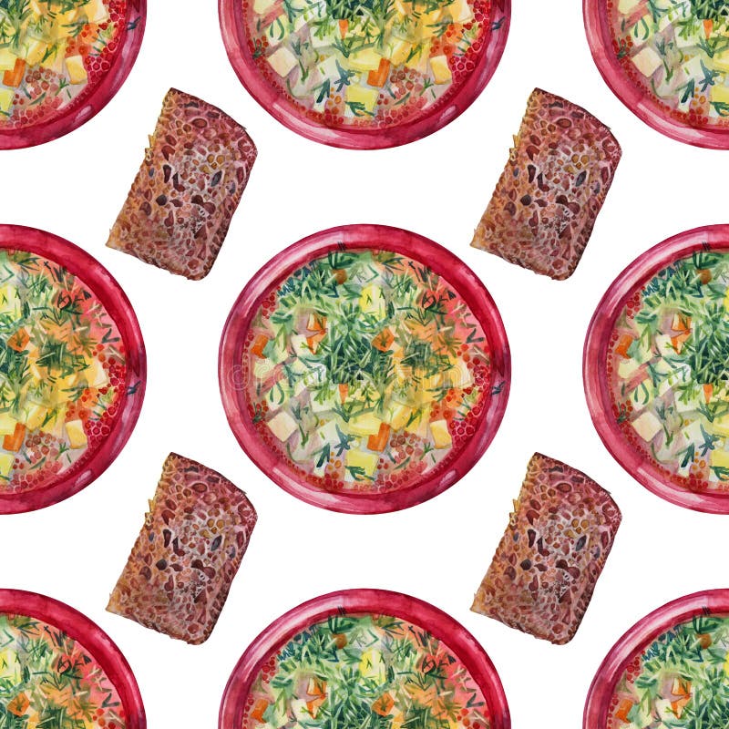 Seamless Pattern Watercolor Soup with Slice Bread Vegetable Potato ...