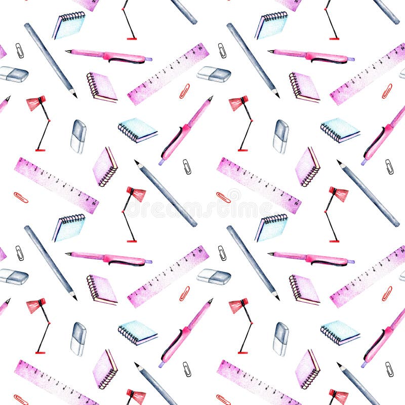 Seamless Pattern with Watercolor Stationery Objects Stock Illustration ...